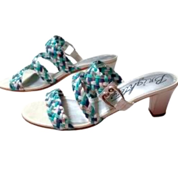 Brighton | Shoes | Brighton White Wedge Heel Low Strap Blue Embellished ...